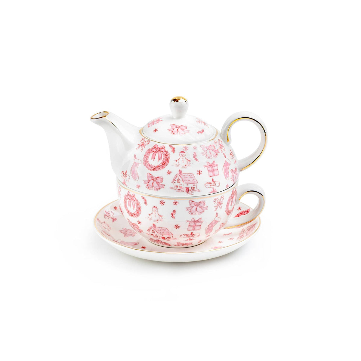 Christmas Toile Pink Bow Fine Porcelain Tea For One Set – Texture + Tuft